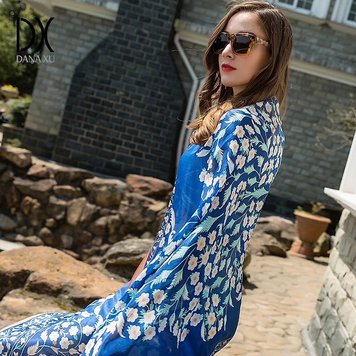 DANA XU 100% Mulberry Satin Silk Summer Travel Scarf Extra Large Women Floral Shawl Oversize Soft Wraps For Evening Dresses