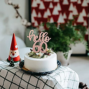 1 Pack Hello 60 Cake Topper Glitter 60th Birthday Cake Pick Sixty Years Old Cheers to 60 Years Cake Decoration for Happy 60th Birthday Wedding Anniversary Cake Decorations Party Supplies Rose Gold
