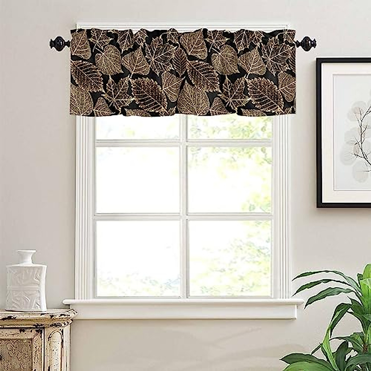 Thanksgiving Fall Valance Curtains for Living Room/Bedroom/Bathroom/Kitchen Window,Rod Pocket Tiers Small Curtain Drape Window Panel Treatment,Gold Autumn Maple Leaves Black Backdrop Valance 54"x18"