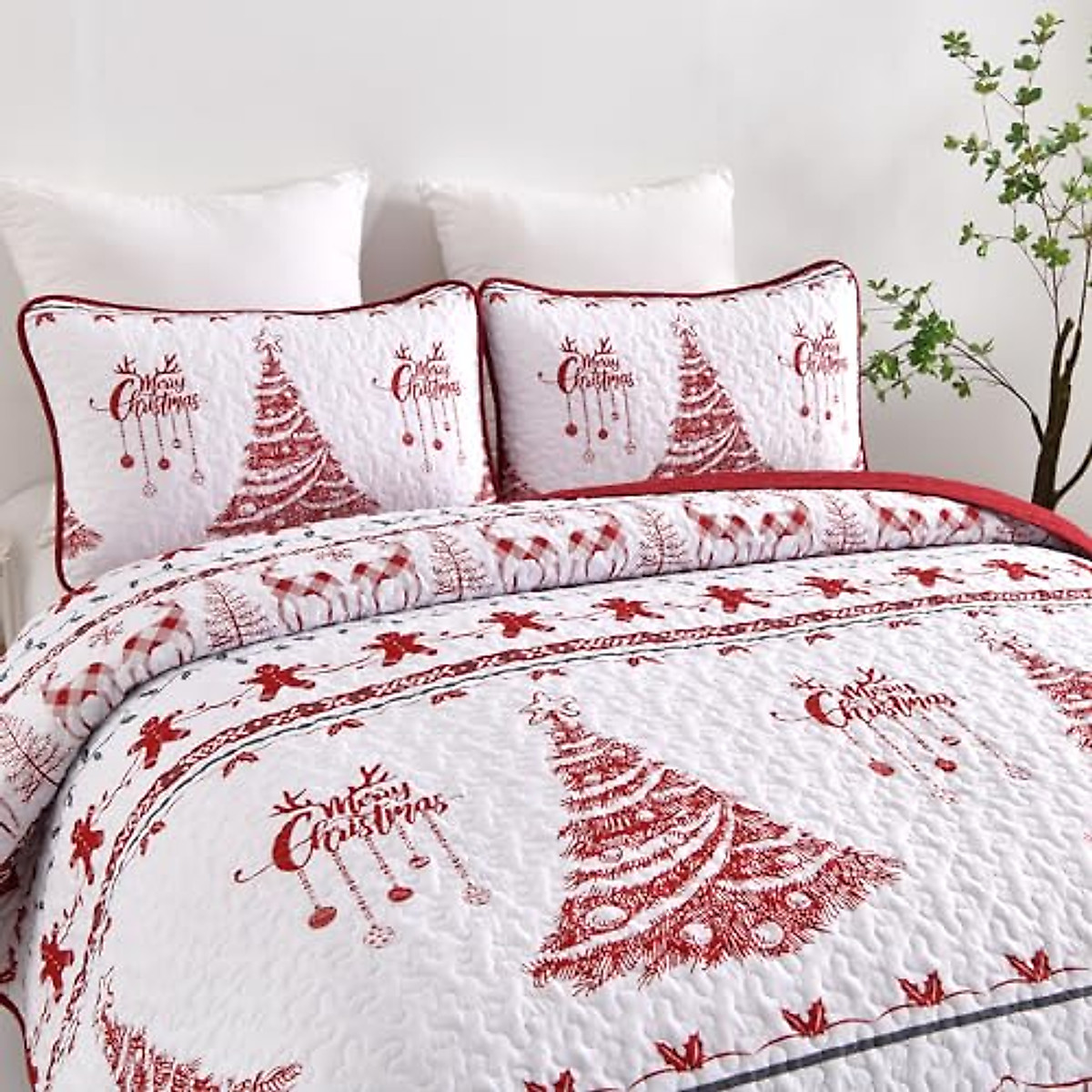 Christmas Tree Elk Quilt Set - 3PCs Soft Microfiber Lightweight Quilt Set Bedspread with 2 Pillowcases for Kids Teens Adults, Queen Size 90" x 96