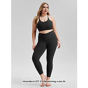 ODODOS Women's Cross Waist 7/8 Yoga Leggings with Inner Pocket, Inseam 25" Gathered Crossover Workout Yoga Pants, Black, Large