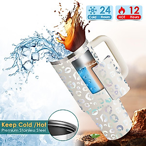 PIMDIR 40oz Leopard Tumbler with Handle Straw Lid, Stainless Steel Vacuum Insulated Reusable Travel Mug Keep Drinks Cold Ice Gym Cup, Gifts for Women Lovers, Car Holder Friendly, White