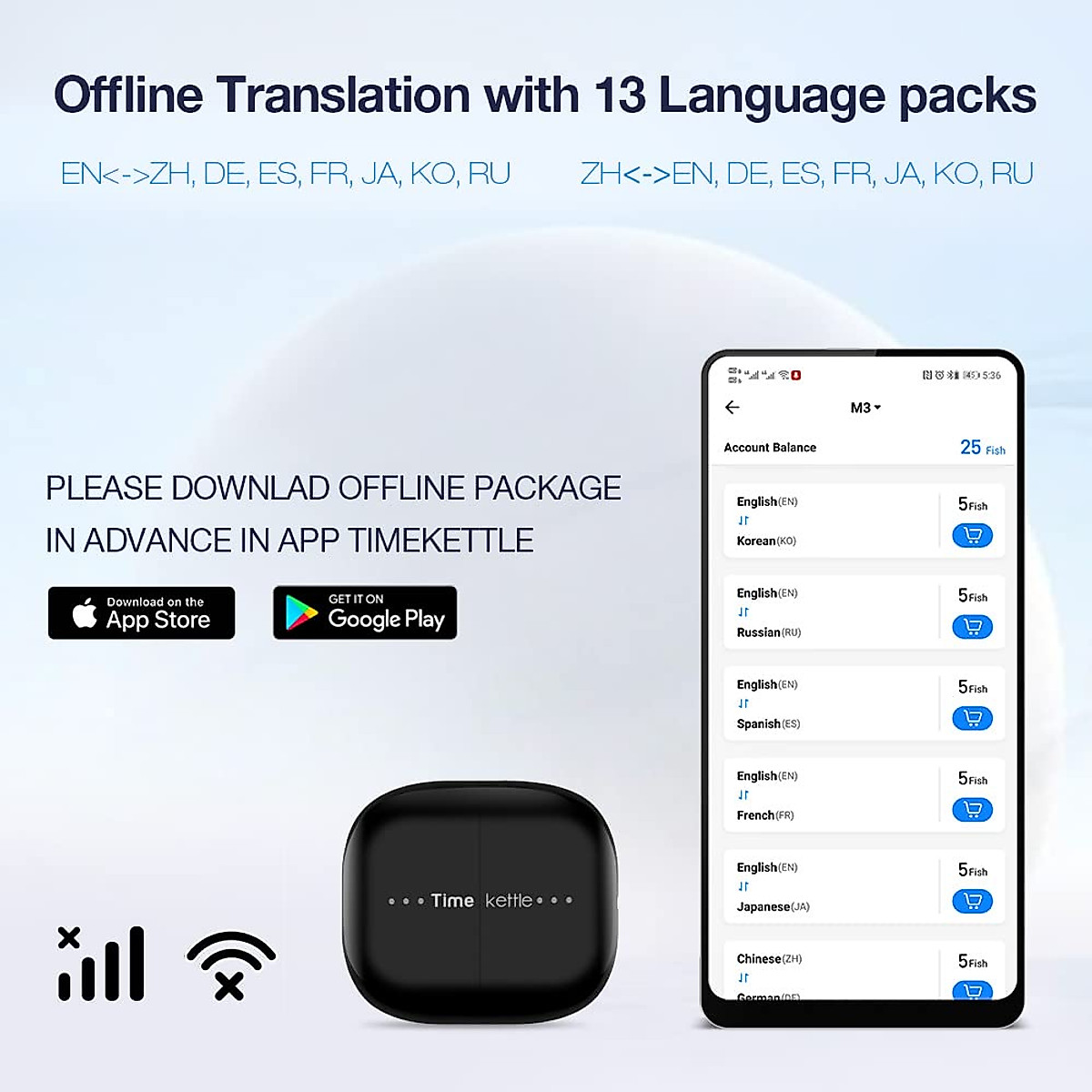 Timekettle M3 Language Translator Earbuds, Two-Way Translator Device with APP for 40 Languages and 13 Offline Translation Packs, Fast Reaction with Revolutionary Al Semantic Tech, Offline Version