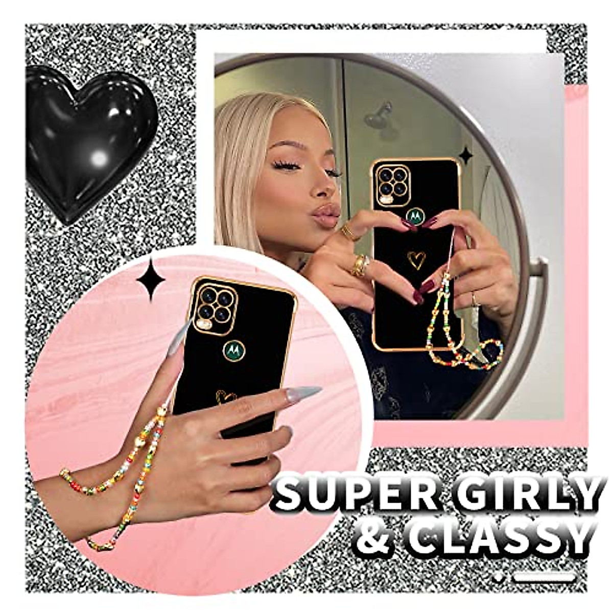 Buleens for Motorola Moto G Stylus 2021 Case for Women Girls, (3 in 1) Cute Hearts Pattern Aesthetic Phone Cases for Moto G Stylus 2021 6.8'', Classy Gold Paint Soft TPU Anti-Drop Cover(Black)