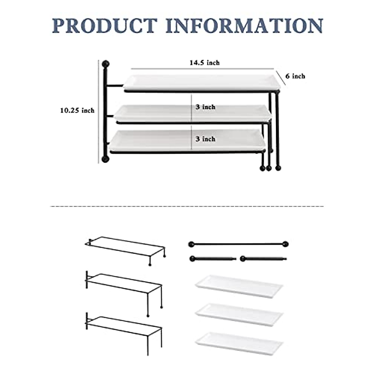 Kanwone 3 Tiered Serving Stand with White Porcelain Platters, Swivel Food Display Stand, 14.5" x 6" Tier Serving Trays with Black Metal Stand for Entertaining, Dessert Stand