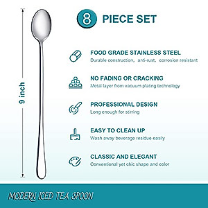 Hiware 8-Piece 9-Inch Long Handle Iced Tea Spoon, Coffee Spoon, Ice Cream Spoon, Stainless Steel Cocktail Stirring Spoons