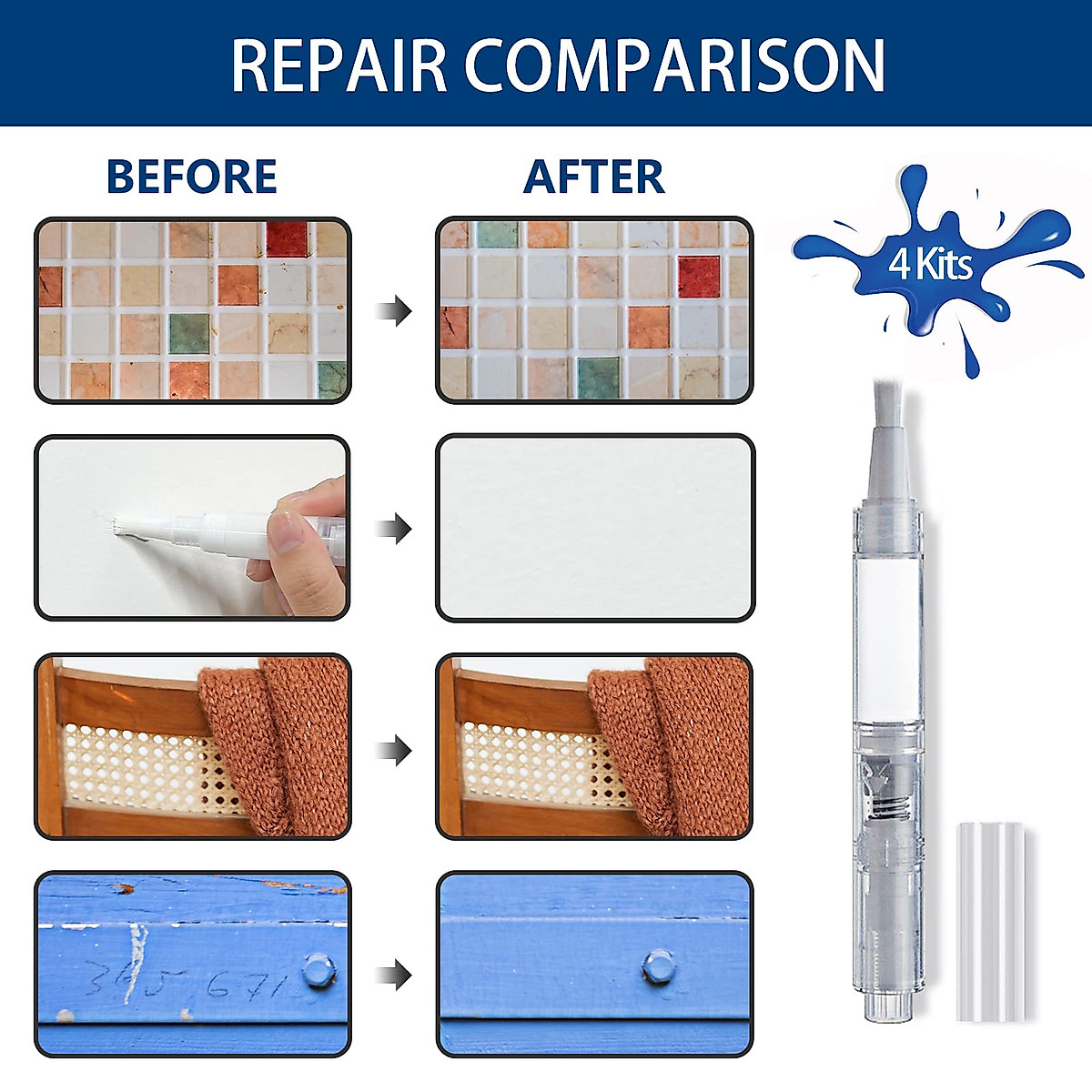 ZURLEFY 4 Count Touch Up Paint Brush Pen for Painting Walls, House Paint Drywall Repair Brushes kit for Wood Furniture, Desks, Fence Scratches(3ml)