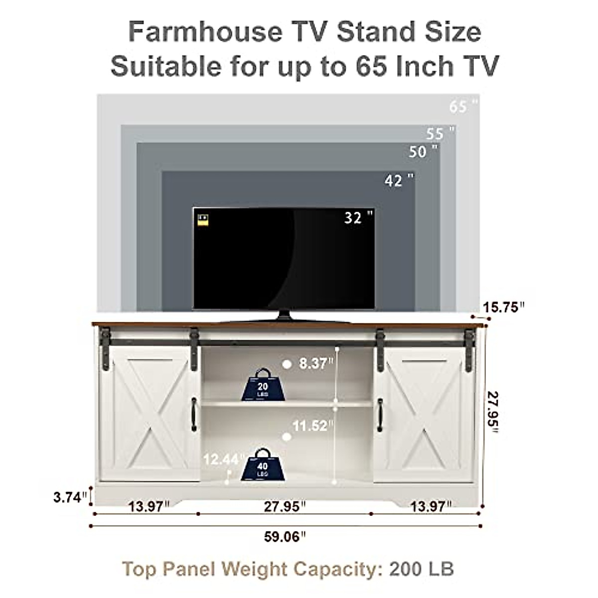 JOYSOURCE Farmhouse TV Stand Wood Sliding Barn Doors Entertainment Center, Modern TV Stand for 60 Inch TV, Television Stands with Adjustable Shelves Living Room TV Console, White Rustic