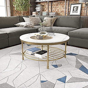 Gezen Round Coffee Table for Living Room, 2-Tier Modern Coffee Table with Open Storage Shelf, Industrial Rustic Steel Accent Table, Wooden Tabletop, Metal Frame - Marble White with Gold Frame