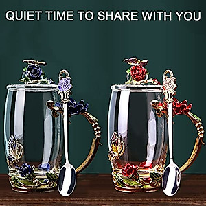 Vivimee 2 Pack Tea Cups with Lids, 12 oz Clear Glass Cups with Spoon Set, Flower Tea Cup Set, Mother's Day Gifts, Glass Tea Cups for Women, Tea Mug for Coffee, Tea, Juice, Milk Hot and Cold Drinks