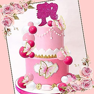 MEMOVAN Hot Pink Girl Cake Toppers 27pcs Pink Ball Butterfly Cake Decoration Girl Theme Cake Decoration for Boho Girl Hot Pink Princess Theme Wedding Baby Shower Birthday Party Supplies