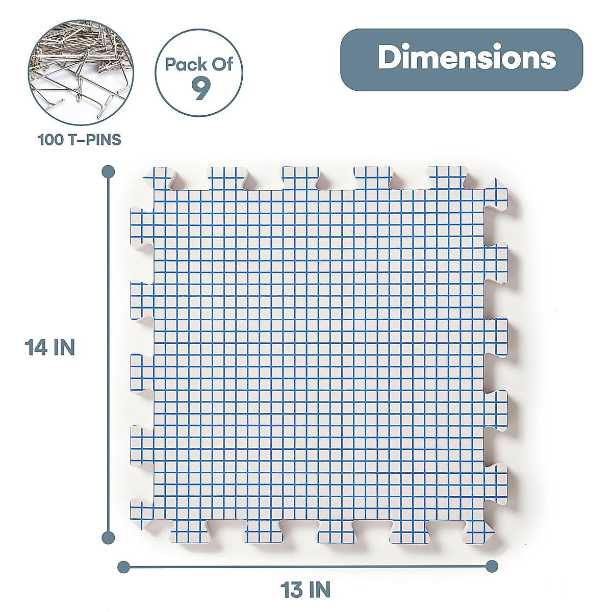 KnitIQ Crochet Blocking Board - Pack of 9 Interlocking Blocking Mats for Knitting and Crochet Accessories, 0.75 Inch Thick, 14 x 13 Inches - Includes 100 T-Pins and Storage Bag for Needlework