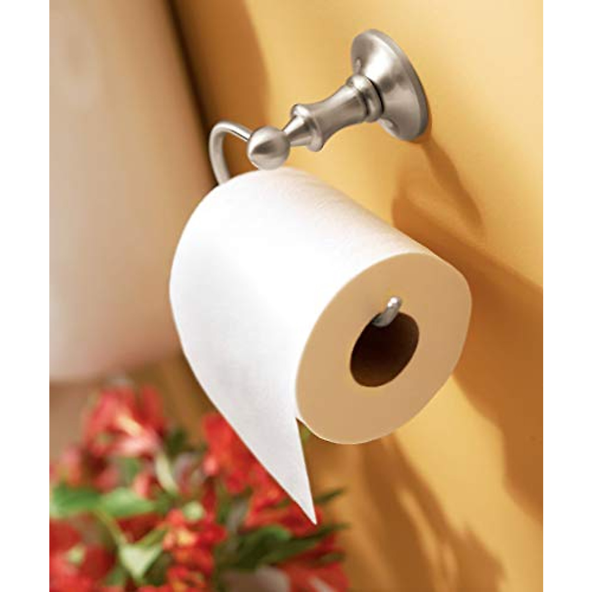 Moen DN6708BN Danbury Toilet Paper Holder, Brushed Nickel with Moen DN6786BN Danbury Collection European Single Post Bathroom Hand Towel Ring, 1 Pack, Brushed Nickel