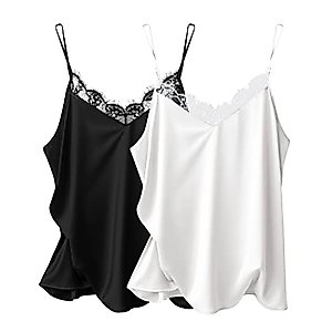 Ekouaer Women's 2 PCS Silk Satin Tank Top Lace Cami Spaghetti Strap Top Soft Camisoles Black & White L