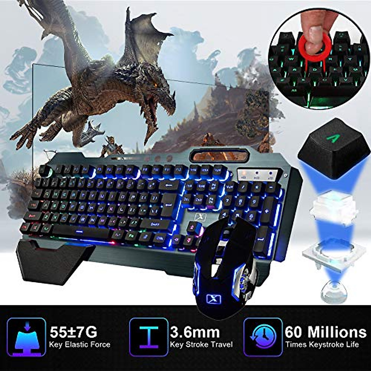 Wireless gaming Keyboard and Mouse,Rainbow Backlit Rechargeable Keyboard Mouse with 3800mAh Battery Metal Panel,Removable Hand Rest Mechanical Feel Keyboard and 7 Color Gaming Mute Mouse for PC Gamers