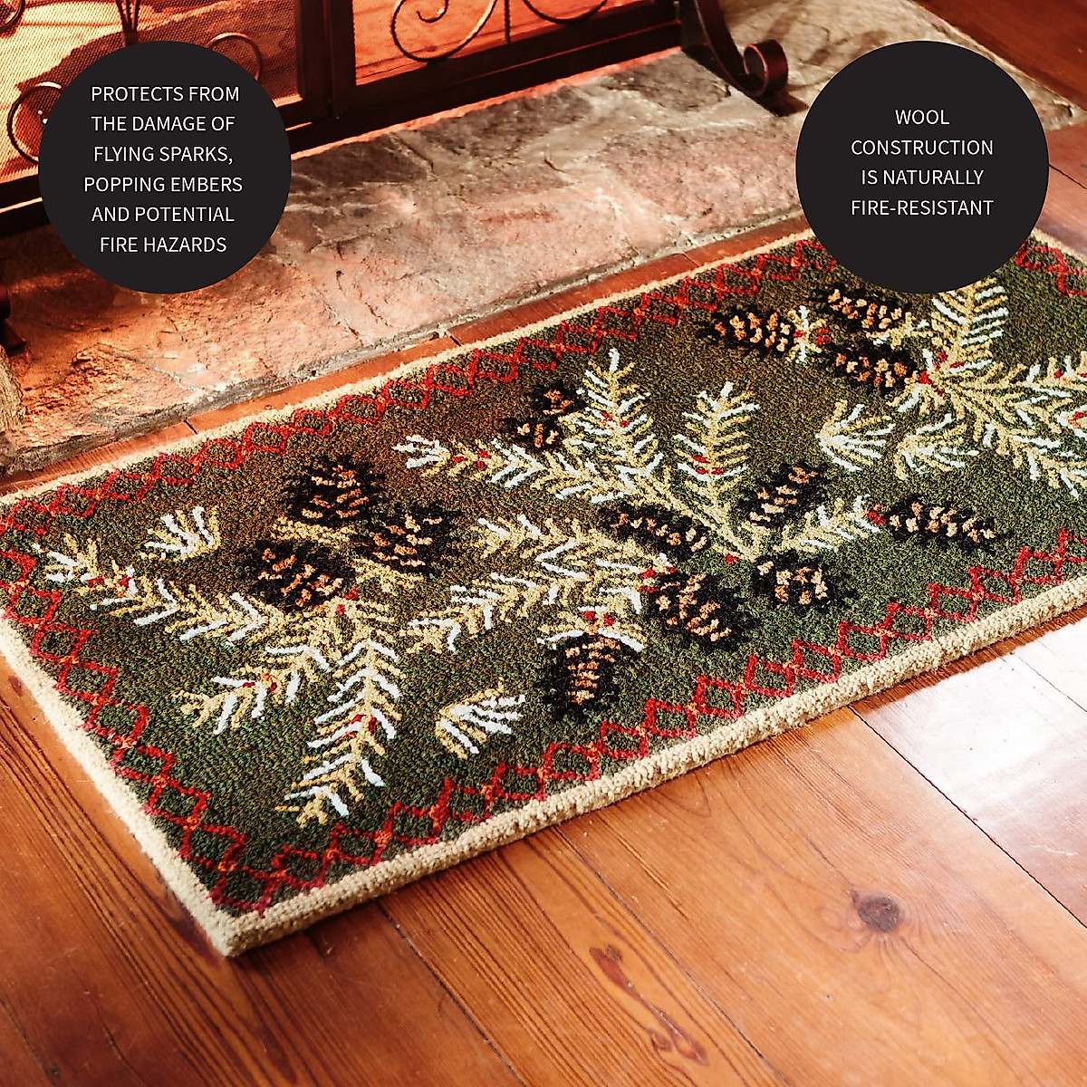 Plow & Hearth 2'x4' Hooked Pine Cone Fireproof Hearth Rug |100% Wool Fireplace Mat | Protect Home Décor Hardwood Floor and Carpet from Sparks and Embers Wood Stove