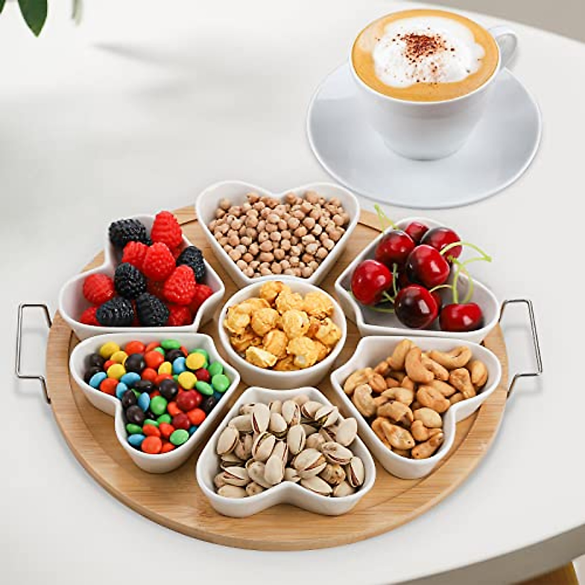 Dicunoy Set of 8 Appetizer Serving Tray, Ceramic Divided Relish Dish, Porcelain Veggies Serving Tray with Handle and Dip, White Platter for Fruit, Candy, Snacks, Taco Chips, Parties