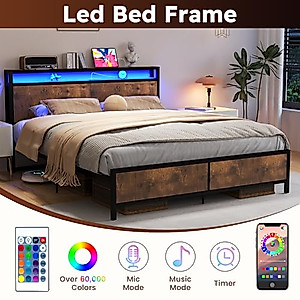 Kiivakii Full Bed Frame with Headboard Storage, LED Platform Bed with USB Ports for Bedroom Farmhouse, Heavy Duty, Wooden Board Decoration, Noise Free No Box Spring Needed, Rustic Brown