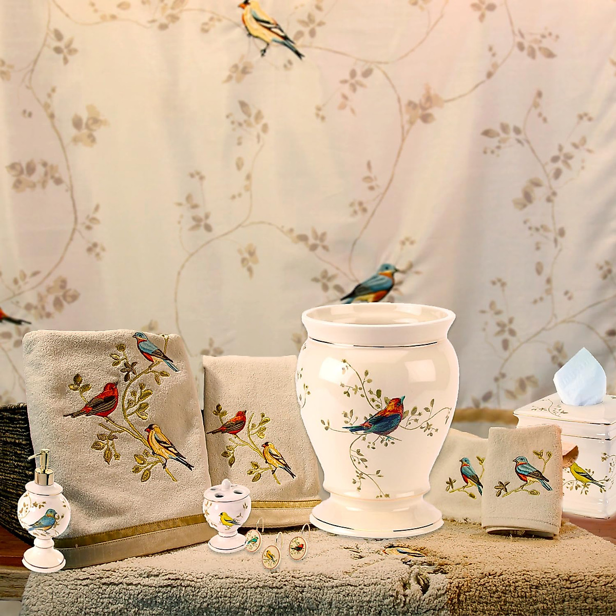 Avanti Linens - Soap Dispenser & Lotion Pump, Nature Inspired Bathroom Accessories, Ivory (Gilded Birds Collection)