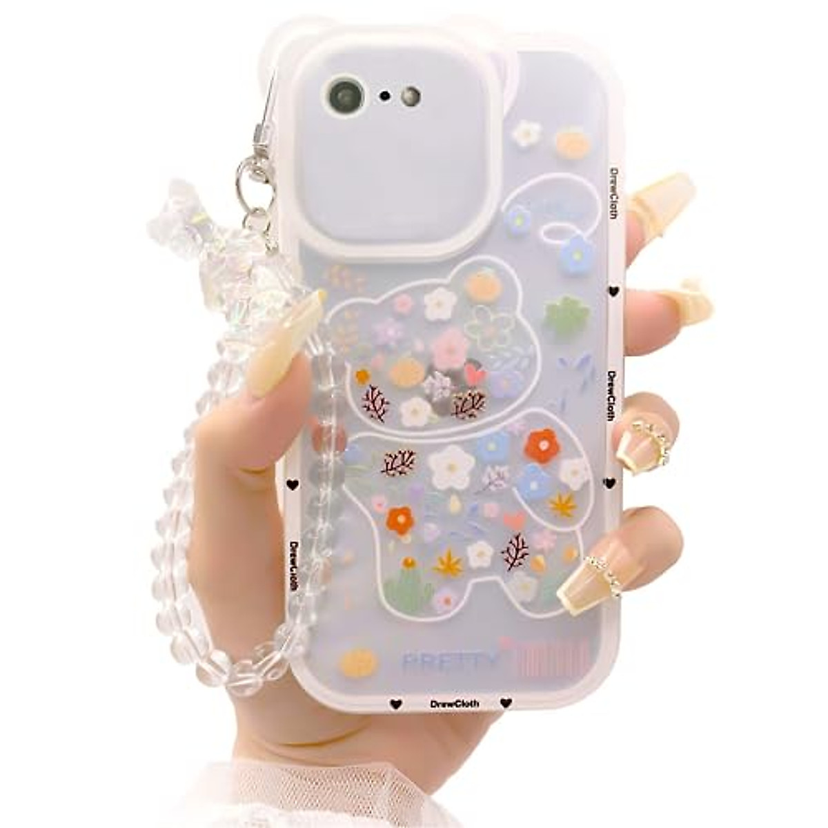 DrewCloth Kawaii Phone Case for iPhone 6/6s Plus with Cute Teddy Bear Wrist Strap & Aesthetic Cute Flower Bear Print Charm Floral Pretty Lovely Adorable Phone Cases for Girly Girls Women