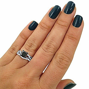 1.5 Ct Black Princess Cut Diamond Engagement Ring Bridal Set 10k White Gold