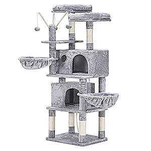 Hey-brother Cat Tree,Cat Tower,Cat Condo with Scratching Posts,Basket,2 Caves,2 Plush Perches,Activity Center with Removable Fur Ball Sticks,Light Grey MPJ027W