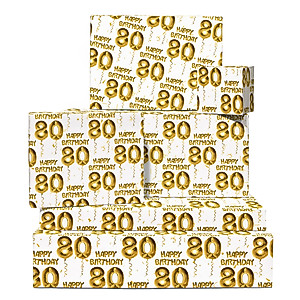 CENTRAL 23 Men Wrapping Paper Birthday - 6 Sheets of White Gift Wrap and Tags - 80th Birthday Gift - Happy Birthday Wrapping Paper for Women - Age 80 - For Mom or Dad - Comes with Stickers