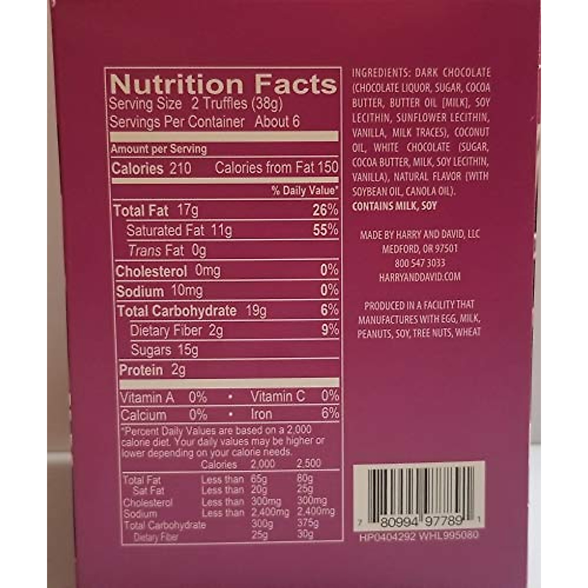 Harry & David Dark Chocolate Raspberry Truffles 8 oz