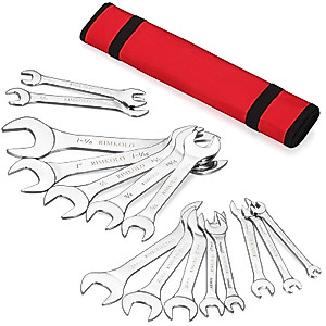 RIMKOLO Super-Thin Open End Wrench Set, 16-Piece SAE & Metric 3/8" to 1-1/4" and 5.5mm to 27mm Chrome Vanadium Steel Wrench Set with Rolling Pouch