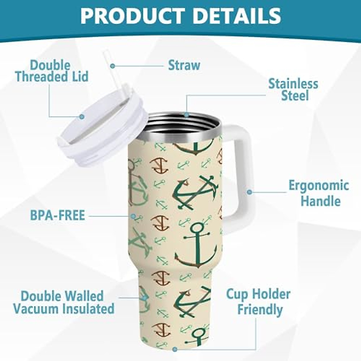 RPLIFE Anchors Beige Tumbler, Stainless Steel Mug, Insulated Water Bottle with Straw, Tumbler for Men