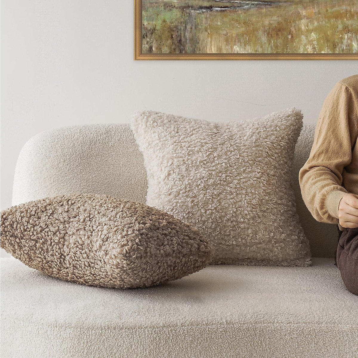 Foindtower Set of 2 Curly Teddy Wool Pillow Covers Decorative Boucle Textured Lumbar Throw Pillow Faux Fur Pillowcases Sheepskin Cushion Case for Sofa Bedroom Car 12"x20" Khaki