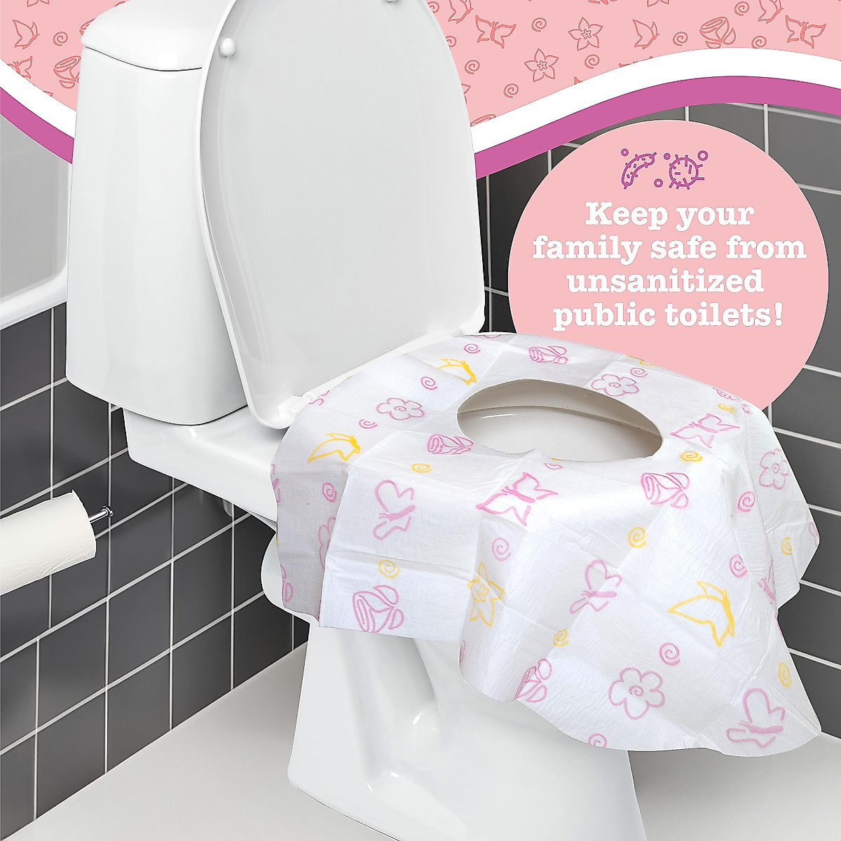 Potty Shields Toilet Seat Covers Disposable (40 Pack, Floral) - XL Waterproof Toilet Cover for Toddlers, Kids & Adults - Portable & Individually Wrapped for Travel, Potty Training & Public Restrooms