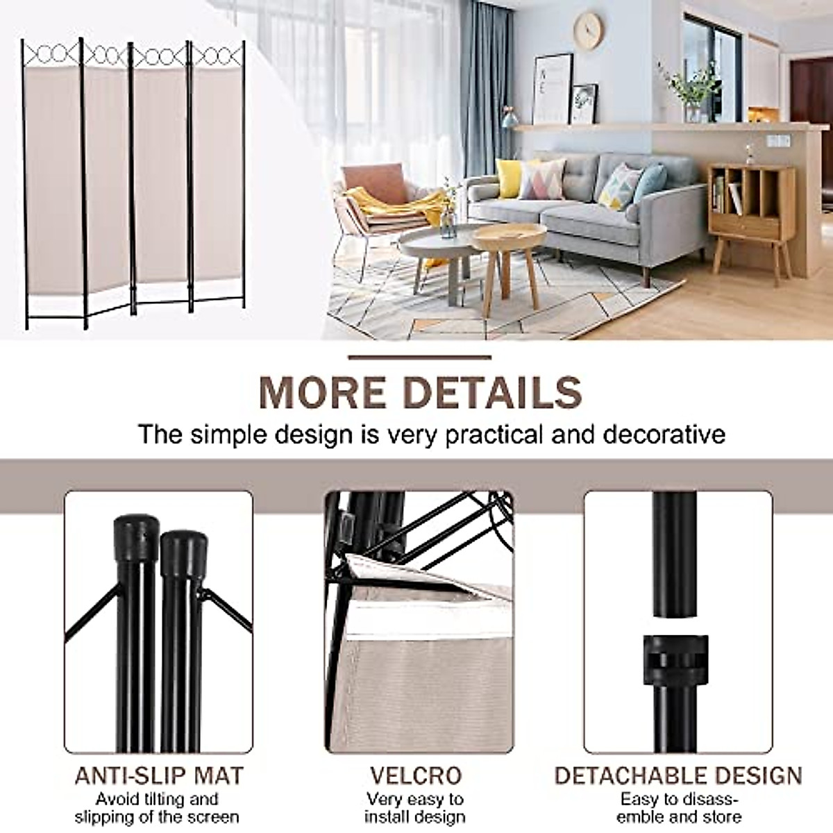 4 Panel 68" H Room Divider Partition Folding Steel Frame Screen Freestanding Privacy Divider Portable Breathable Partition Japanese-Inspired Oriental Shoji Screen Wall Divider for Home Office, Tan