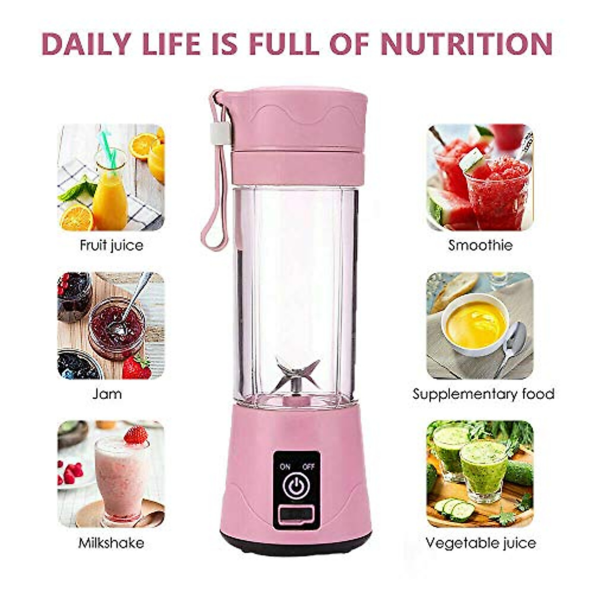 AKHUND Portable Blender Travel Juicer Smoothie Juicer Cup - Six Blades in 3D, 13oz Fruit Mixing Machine with 2000mAh USB Rechargeable Batteries, Ice Tray, Detachable Cup