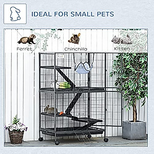 PawHut 50" H 5-Tier Small Animal Cage, Ferret Cage, Large Chinchilla Cage with Hammock Accessory Heavy-Duty Steel Wire, Small Animal Habitat with 4 Doors, Removable Tray