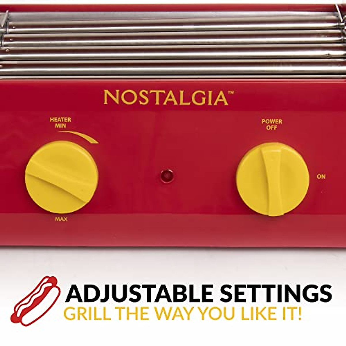 Nostalgia Countertop Hot Dog Roller and Warmer, 8 Regular Sized Hot Dogs, 4 Foot Long Hot Dogs and 6 Bun Capacity, Stainless Steel Rollers, Perfect For Breakfast Sausages, Brats, Taquitos, Egg Rolls