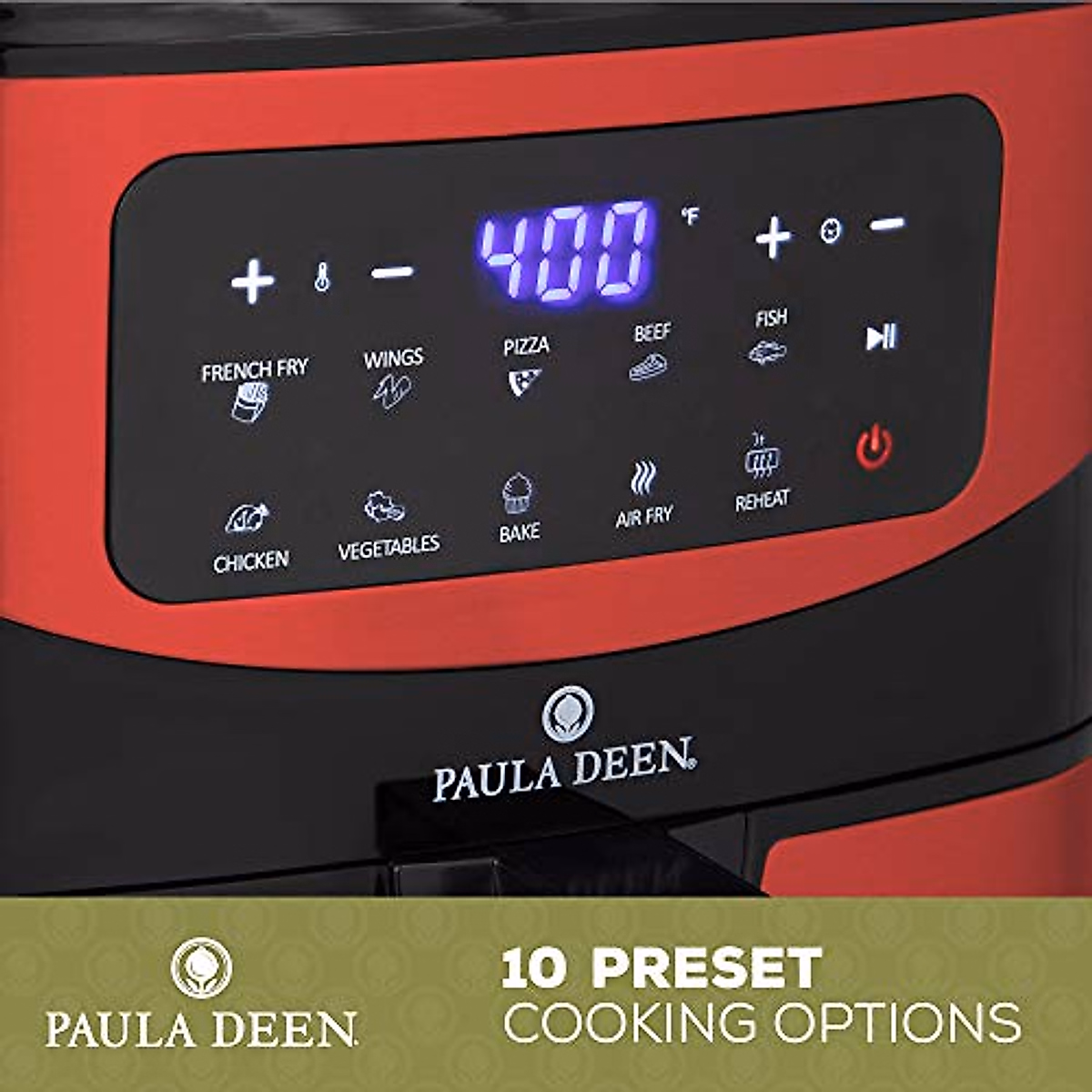 Paula Deen Stainless Steel 10 QT Digital Air Fryer (1700 Watts), LED Display, 10 Preset Cooking Functions, Ceramic Non-Stick Coating, Auto Shut-Off, 50 Recipes (Red Stainless)
