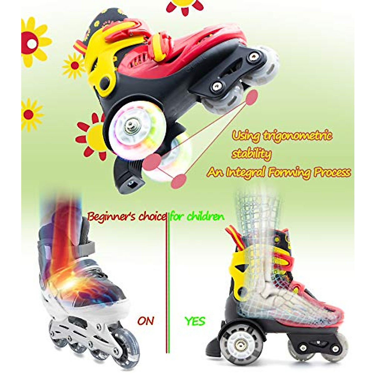 Quad Roller Skates for Kids Girls with Adjustable Size (Age 3-9), Double Brakes, Luminous Wheels, 3-Point Balance, Include Knee Pads Elbow Pads Wrist Guards