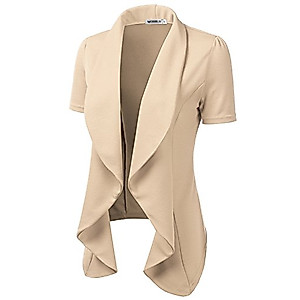 DOUBLJU Casual Draped Ruffles Blazer Short Sleeve Basic Open Front Cardigan Jacket for Womens with Plus Size Work Office Suit