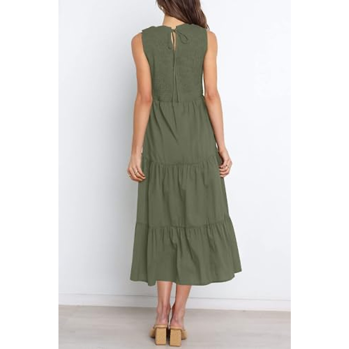 ZESICA Women's Summer Casual Sleeveless Crew Neck Smocked High Waist Flowy Tiered A Line Midi Dress,ArmyGreen,Medium
