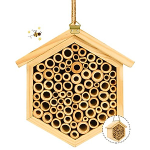 Mason Bee House - Handmade Wooden Bee Hotel Natural Bamboo Bee Habitat Hive Bee Box for Carpenter Bee, Garden Gifts, Pollinating Bees, Leaf Cutter Bee