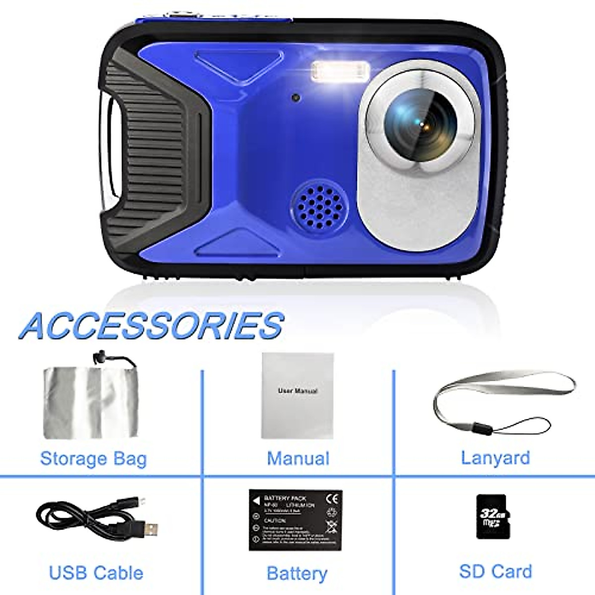 YEEIN 16FT Underwater Camera 30MP Waterproof Digital Camera with 32G Card and Rechargeable Battery, 18X Point and Shoot Camera for Boys Girls Children Teens Snorkeling Swimming Vacation(Blue)