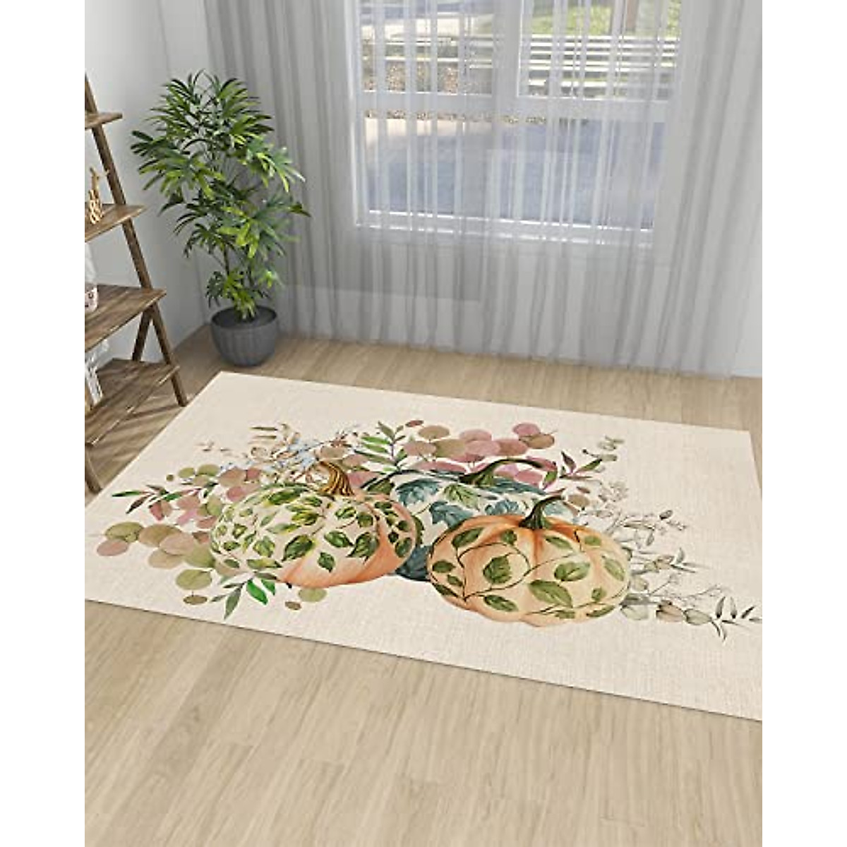 Leaves Pumpkins Large Rectangular Area Rugs 5' x 7' Living Room, Durable Non Slip Rug Carpet Floor Mat for Bedroom Bedside Outdoor Fall Thanksgiving Green Eucalyptus Burlap