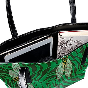 Large Leather Handbags for Women Cicada Insect with Green Forest Leaves Background Top Handle Shoulder Satchel Hobo Bag