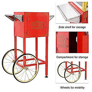 ROVSUN Popcorn Machine with Cart, Wheels & 8 Oz Kettle Makes Up to 32 Cups, Popcorn Maker with Stainless Steel Scoop, Oil Spoon & 3 Popcorn Cups for Commercial Home Movie Theater, Red