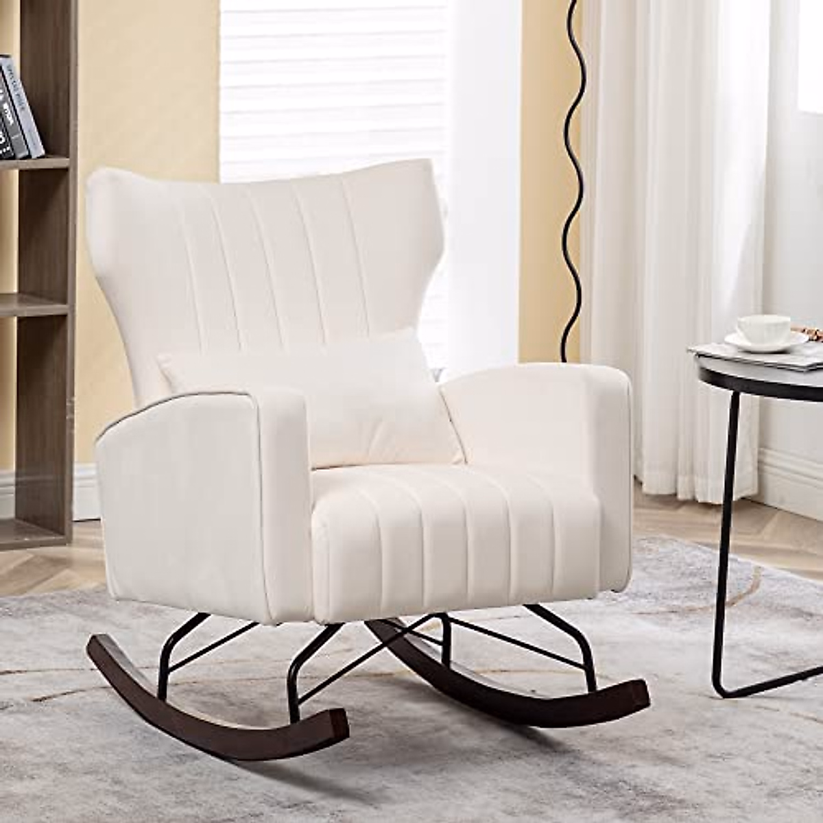 SZUBEE Modern Velvet Nursery, Accent Rocking Chair with with Solid Metal Legs, Upholstered Comfy Glider Rocker for Reading, Bedroom and Living Room,Beige