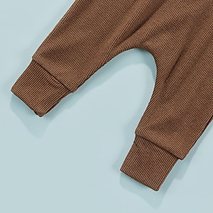 Karuedoo Newborn Baby Girls Boys Ribbed Overalls Solid Halter Backless Jumspuits Overalls Strap Suspender Pants Outfits (Brown, 12-18 Months)