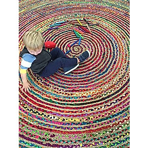 FRELISH DECOR Round Rug Area Rug, Jute & Cotton Multi Chindi Braid Rug, Hand Woven & Reversible- Handwoven from Multi-Color Vibrant Fabric Rugs Bohemian Colorful Rug (6 feet)