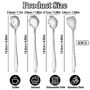 8 Pcs Flower Dessert Spoons, Stainless Steel Coffee Teaspoon Set - Cute Mini Tableware for Demitasse Espresso, 4 Styles (Silver)