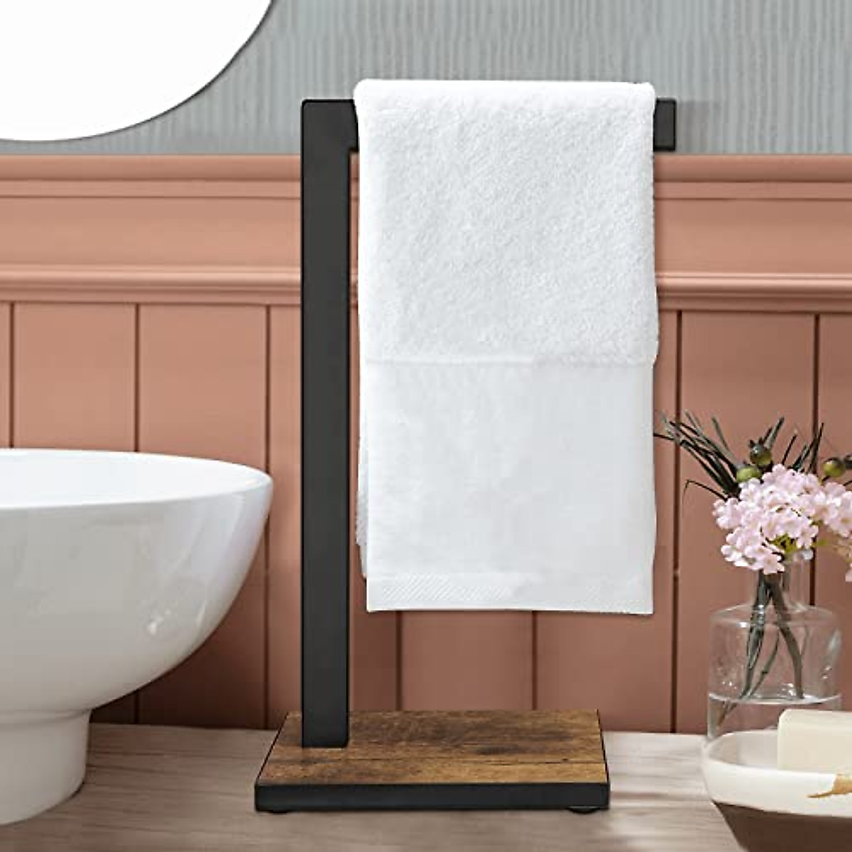 ELITEROO Hand Towel Holder for Bathroom, Hand Towel Stand with Wood Base, L-Shape Hand Towel Rack for Vanity Countertop, Kitchen Counter, Rustic Black and Brown